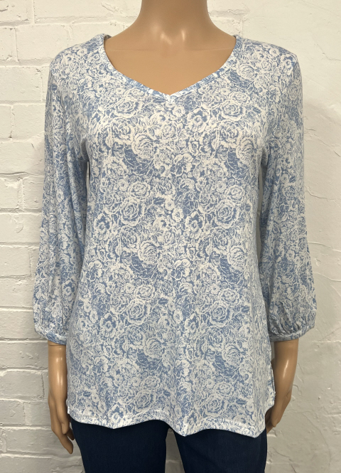Sugar Crisp Cornflower Blue Floral V-Neck Top - Suzanne Charles