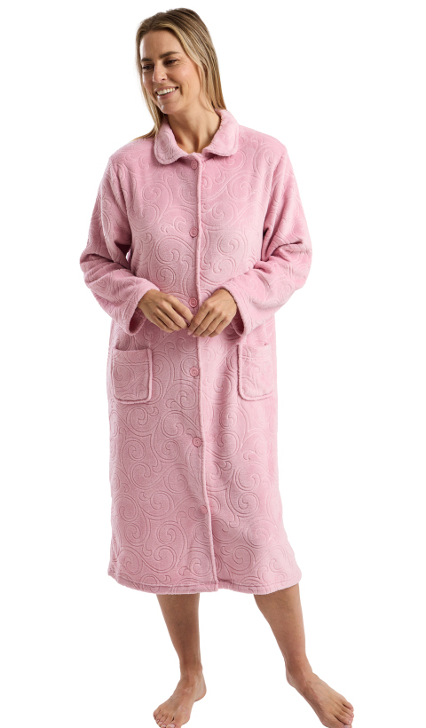 Marlon Embossed Swirl Flannel Fleece Button Housecoat - Suzanne Charles