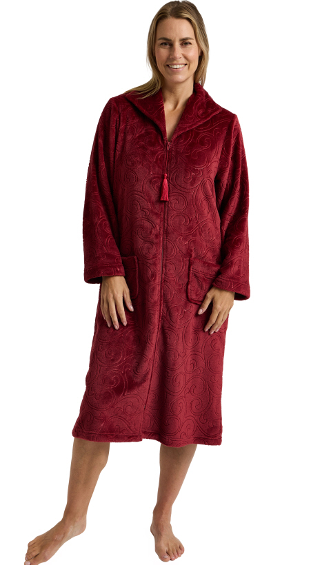 Marlon Embossed Swirl Flannel Fleece Tassel Zip Front Housecoat ...