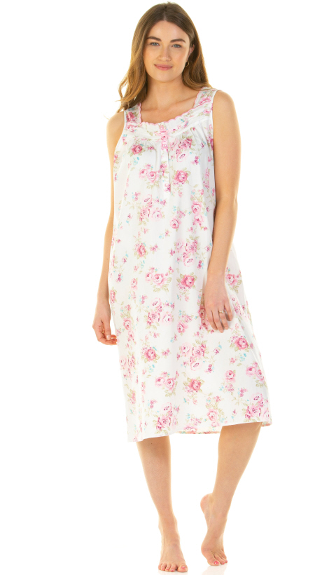 Sue Marks Luxury 100% Combed Cotton Roses Woven Sleeveless Nightdress ...