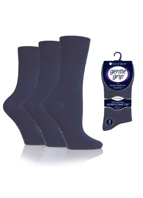 Ladies 3 pair pack Gentle Grip Socks Plain Navy - Suzanne Charles