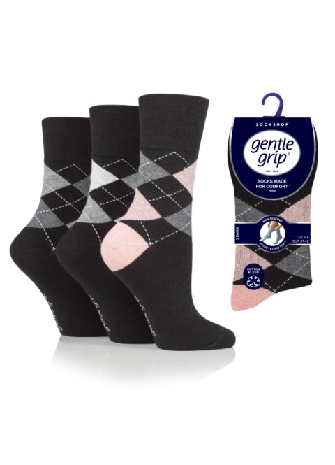 Ladies 3 Pair Pack Of Gentle Grip Highlands Black Argyle Socks ...