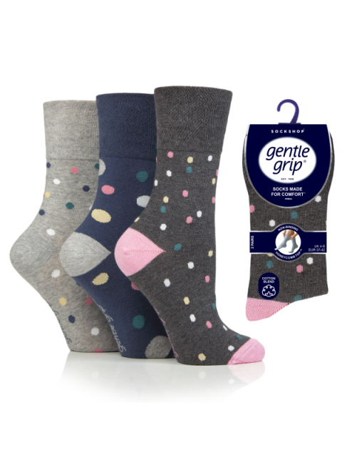 Ladies 3 Pair Pack Of Gentle Grip Socks Dots Navy/Grey - Suzanne Charles
